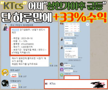 오늘 매수하면 오늘 수익나는 방 18일추천주 "KTcs" 적중~!+33%수익
